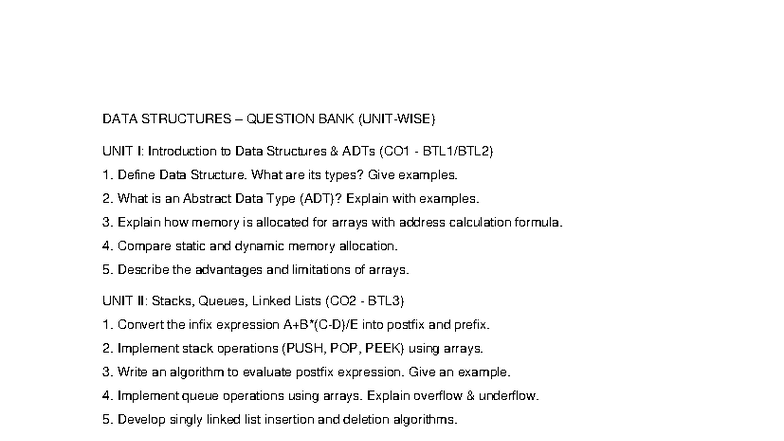 DATA STRUCTURES QUESTION BANK (CO1-CO5) for Exam Preparation - Studocu
