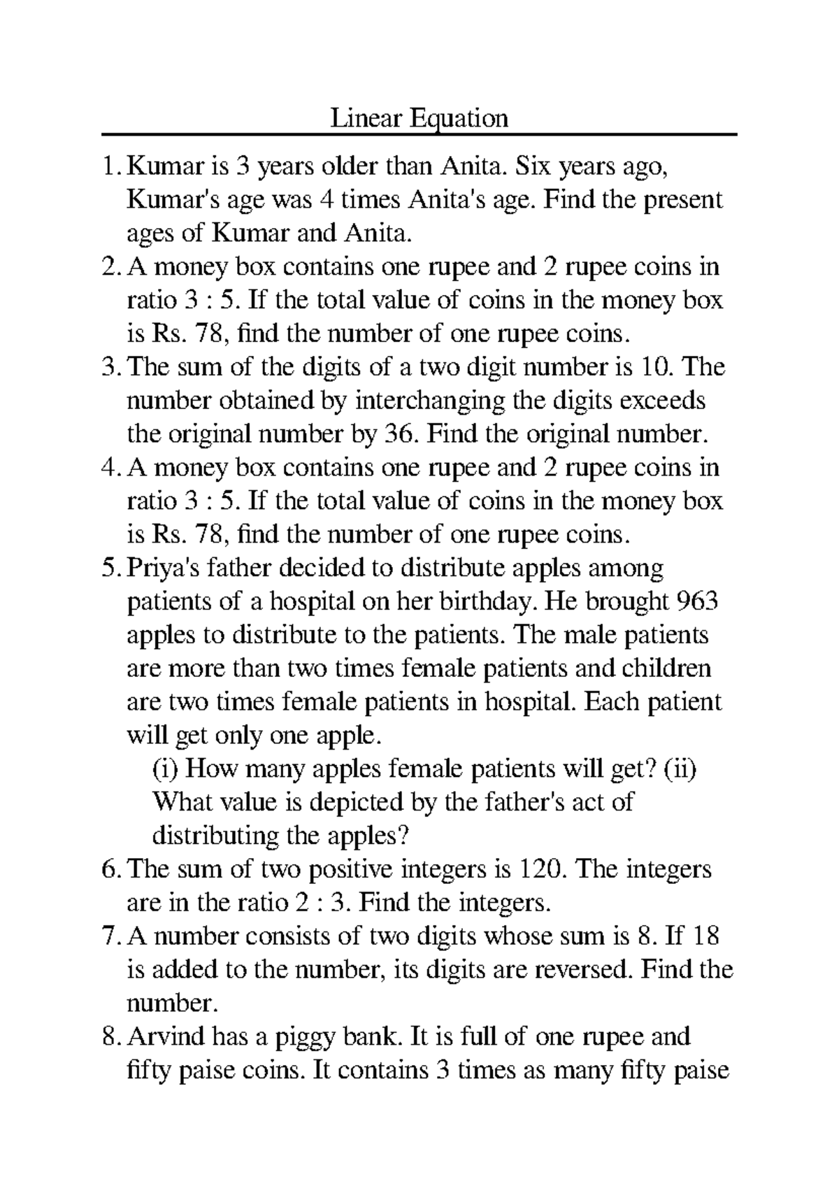 Linear Equation-1 - Hell9 - Linear Equation Kumar is 3 years older than ...