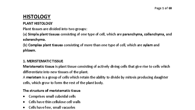 S5 Biology Notes: Plant Histology Overview and Tissue Types - Studocu