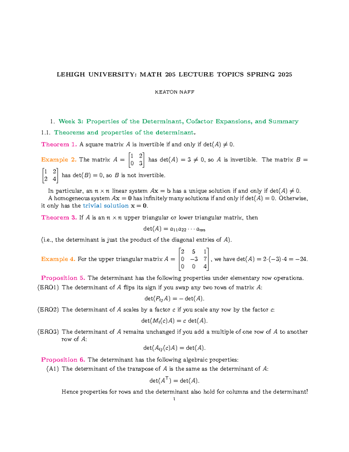 MATH 205 LECTURE: Properties of Determinants & Cofactor Expansions - Studocu