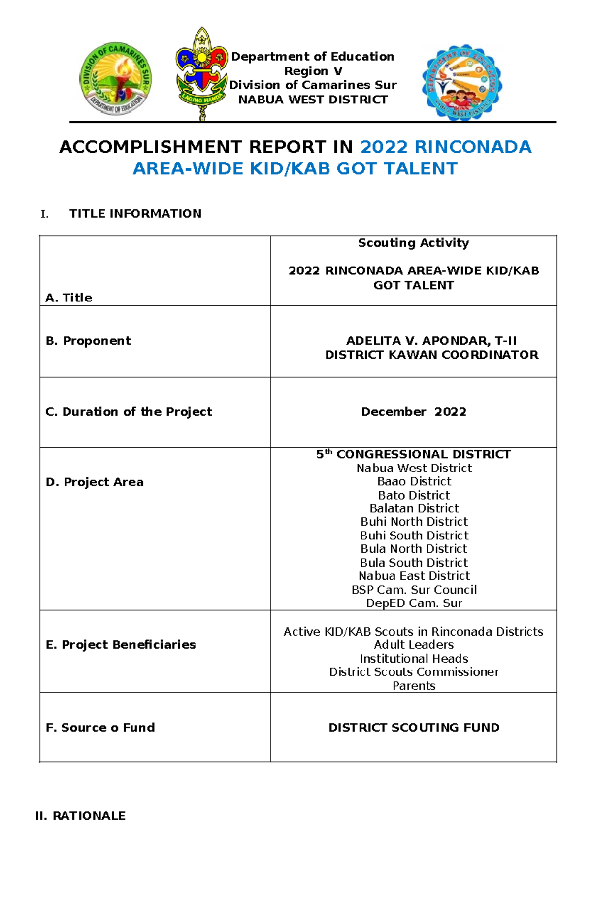 2022 Accomplishment Report: Rinconada KID/KAB Scouts Got Talent - Studocu