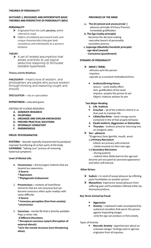 THEO Midterm - Summary Theories of Personality - M I D T E R M THEORIES ...