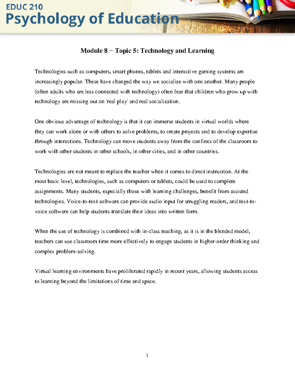 Module 8 - Topic 5 - 2. Technology and Learning - 1 Module 8 − Topic 5 ...