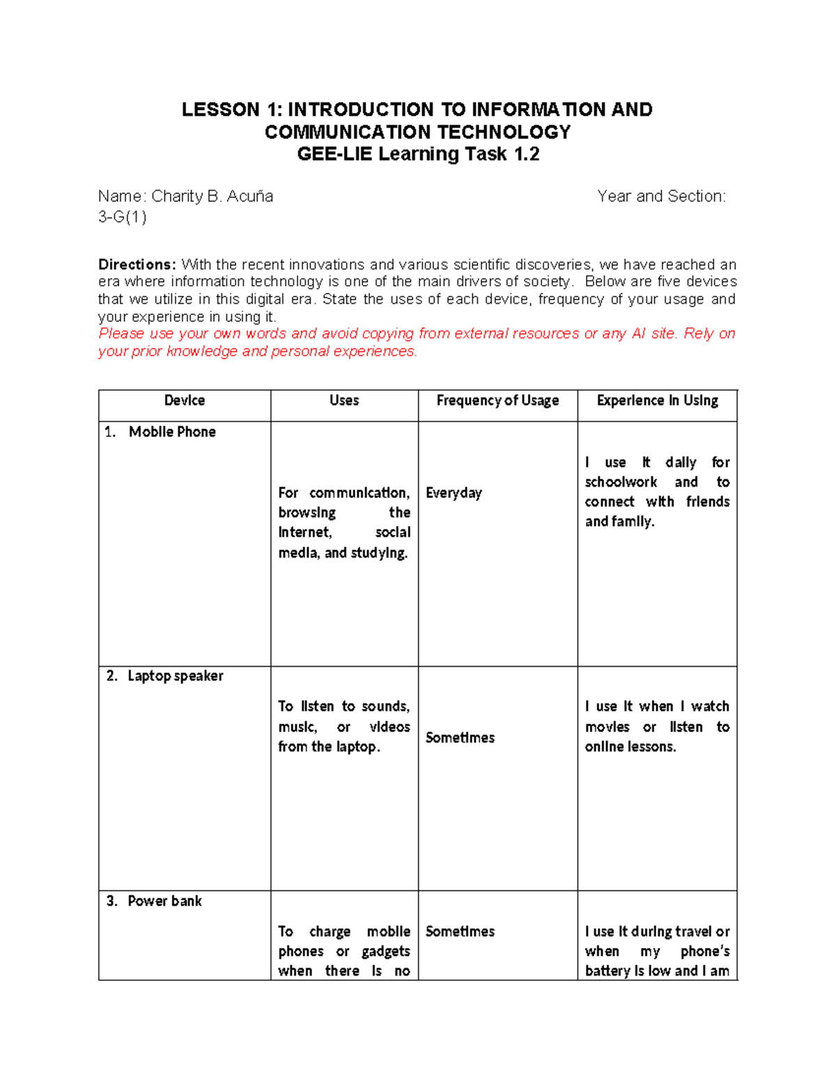 LESSON 1: INTRO TO ICT - Device Usage & Personal Experience - Studocu