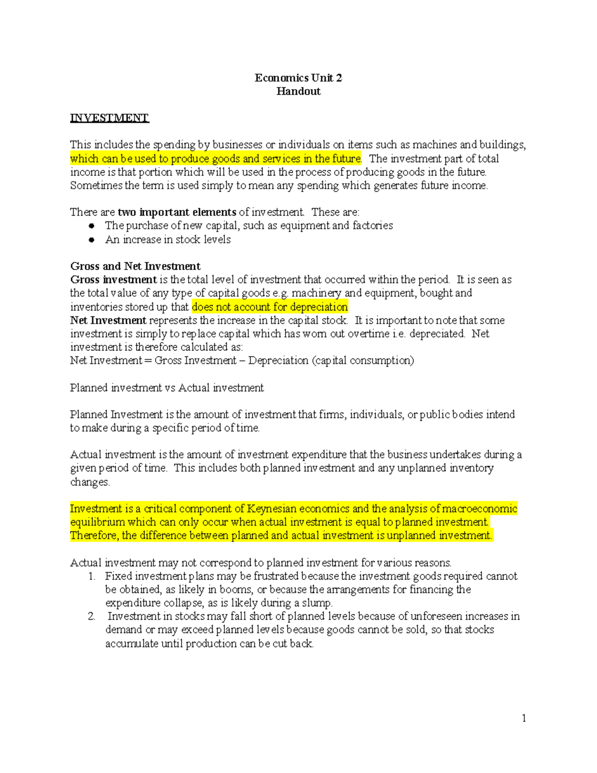 Econ 101 Unit 2 Handout: Understanding Investment Dynamics - Studocu