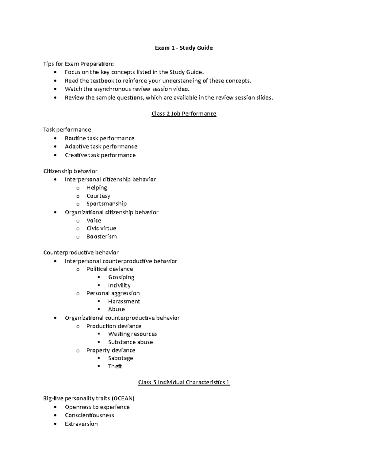 Exam 1 Study Guide: Key Concepts and Preparation Tips - Studocu