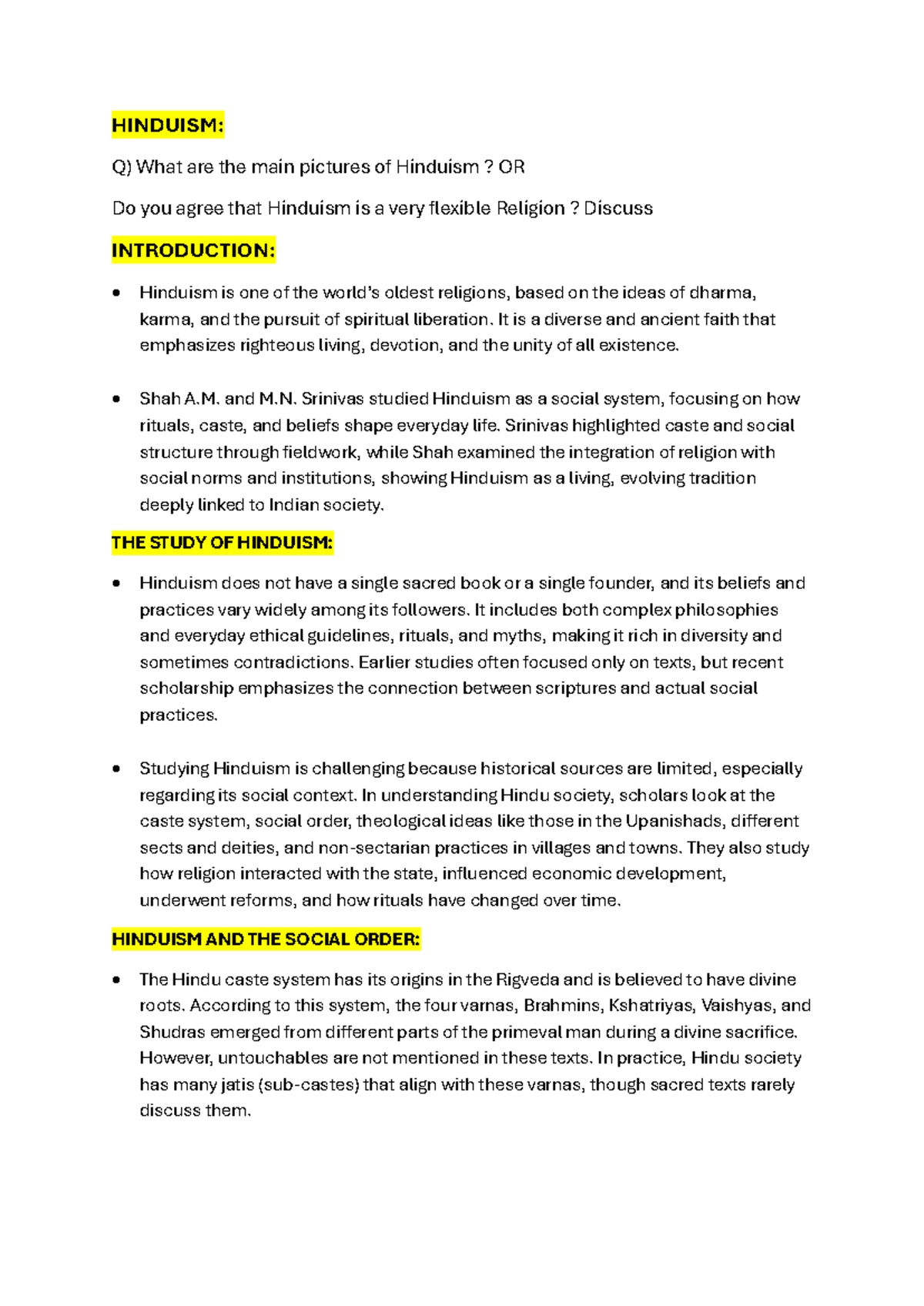 (SOR) Hinduism: Key Concepts, Social Order, and Diversity - Studocu