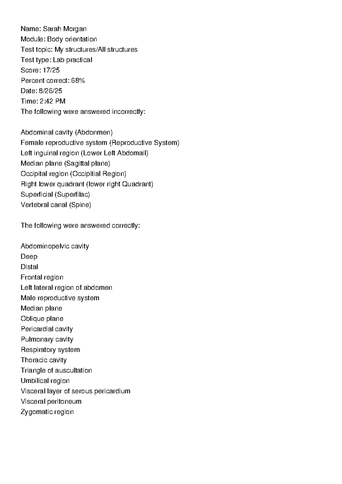 Body Orientation Lab Practical: Structures Assessment Results - Studocu