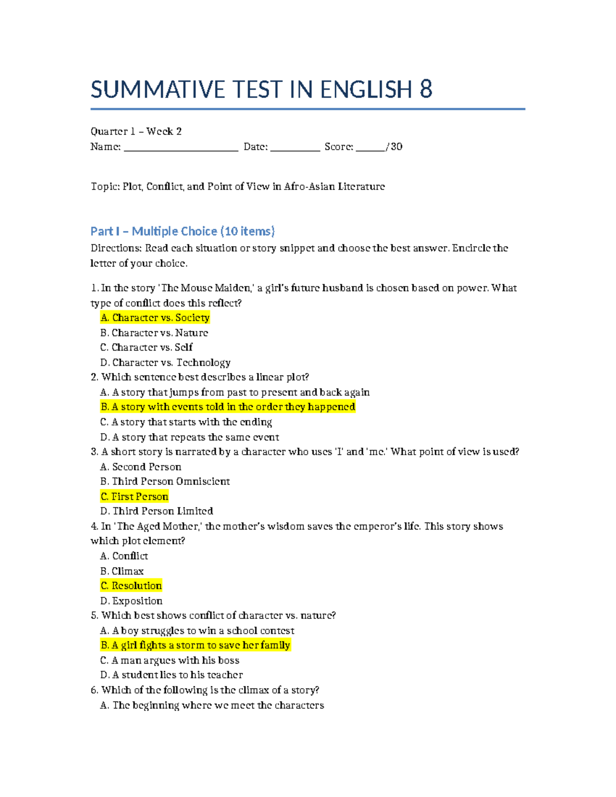 SUMMATIVE TEST IN ENGLISH 8 Q1 W2: Plot, Conflict & POV - Studocu