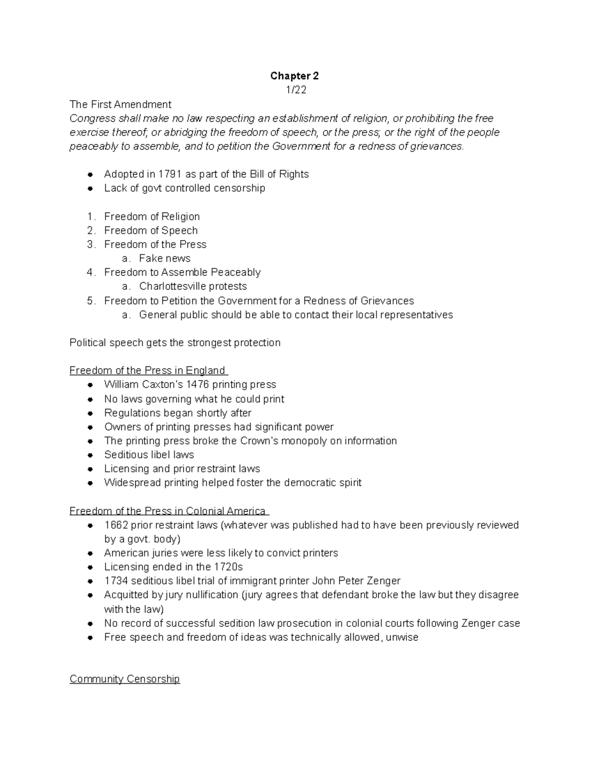 Chapter 2 - Lecture Notes - Chapter 2 The First Amendment Congress ...