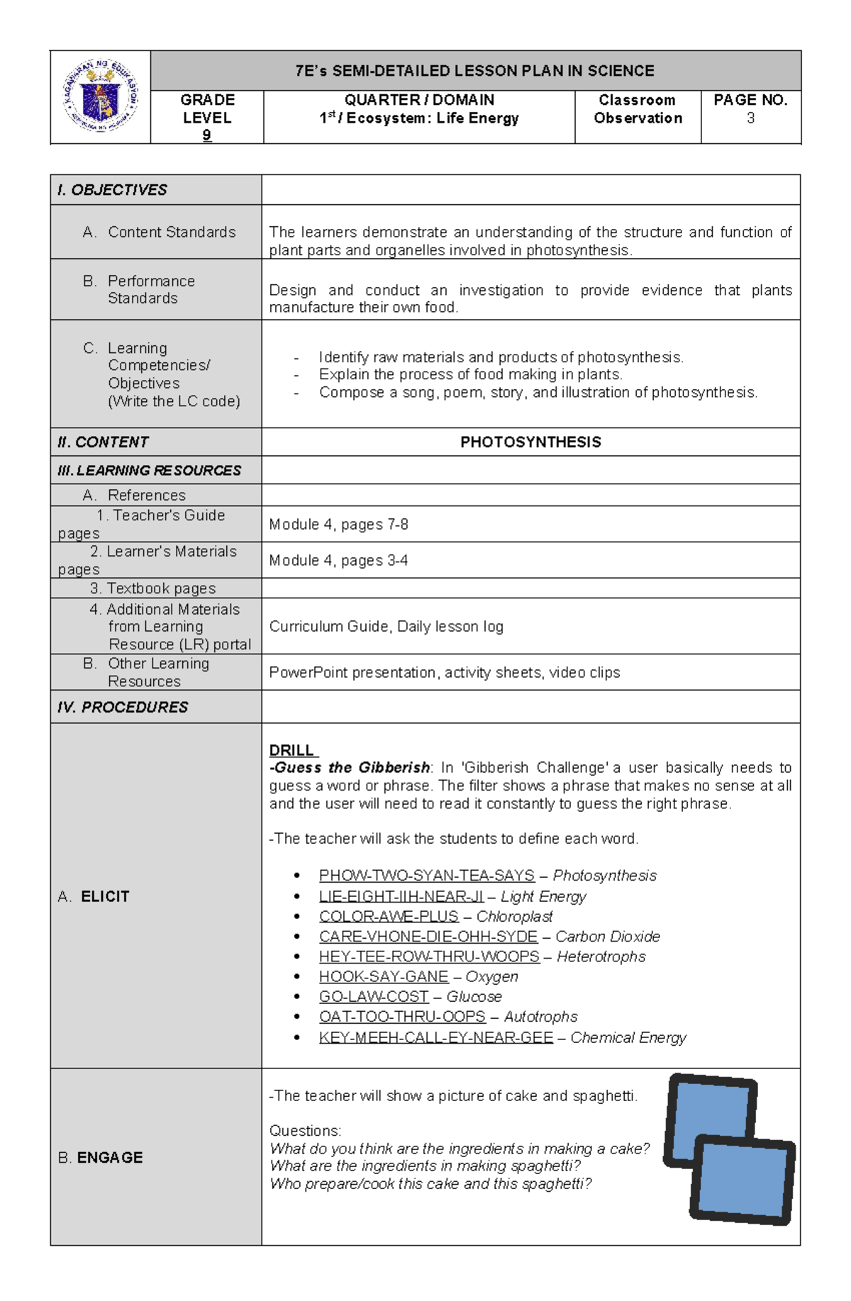 7E's Semi-Detailed Lesson Plan in Science: Photosynthesis - Studocu