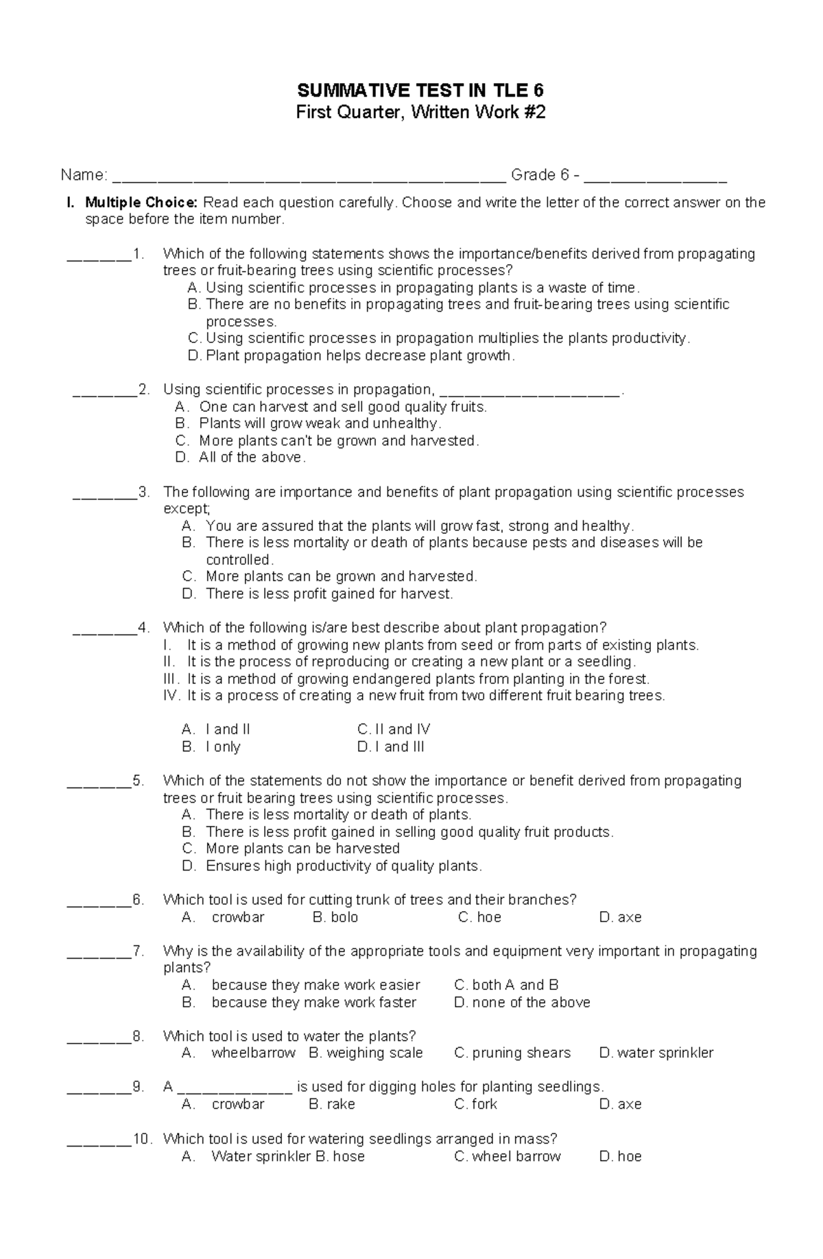 Ilide - ejkrh8o23497p1230 - SUMMATIVE TEST IN TLE 6 First Quarter ...