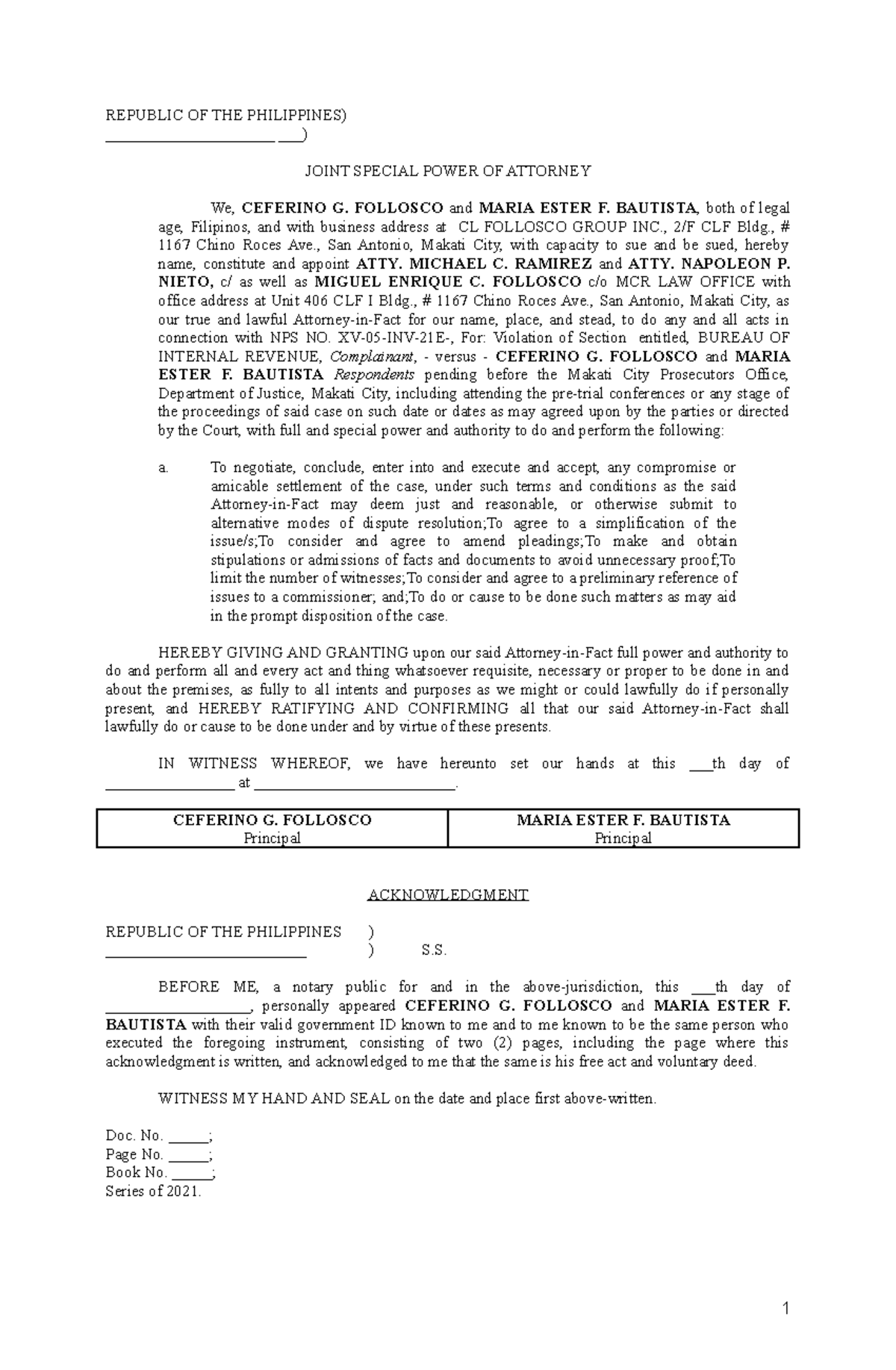 SPA-DOJ-CASE - Joint Special Power of Attorney Tutorial Document - Studocu