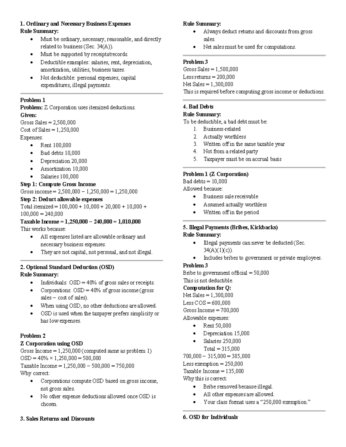 Ordinary & Necessary Business Expenses Rule Summary (Course Code: ACT ...