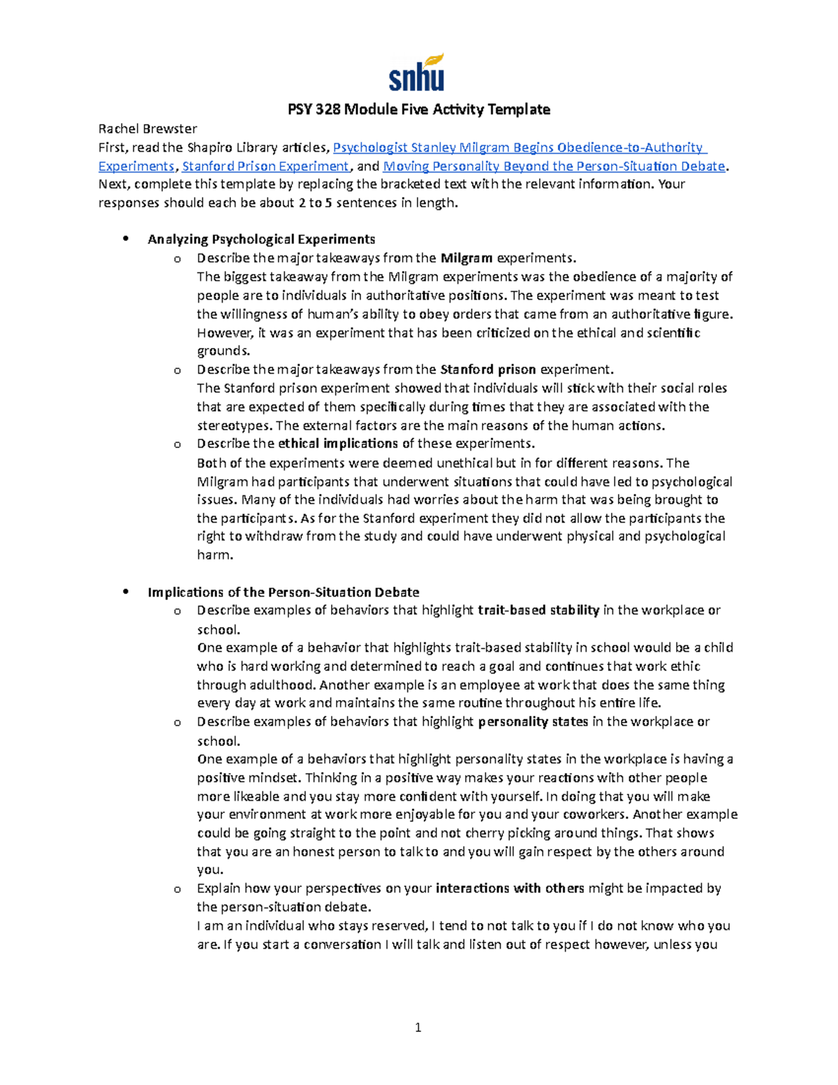 PSY 328 Module Five Activity - Next, complete this template by replacing the bracketed text with ...