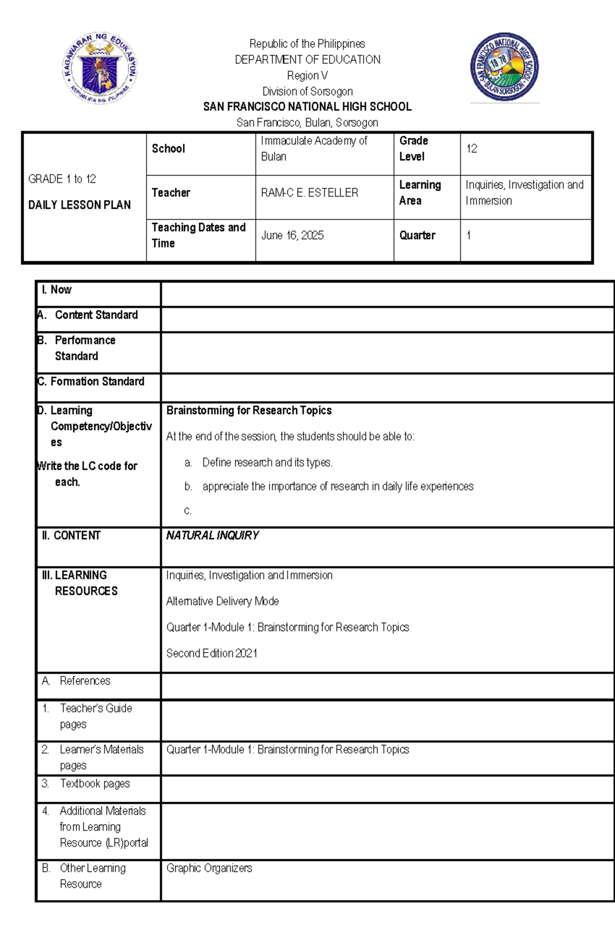 LP DAY 1 - Q1 - DAILY LESSON PLAN for GRADE 12 Research Topics - Studocu