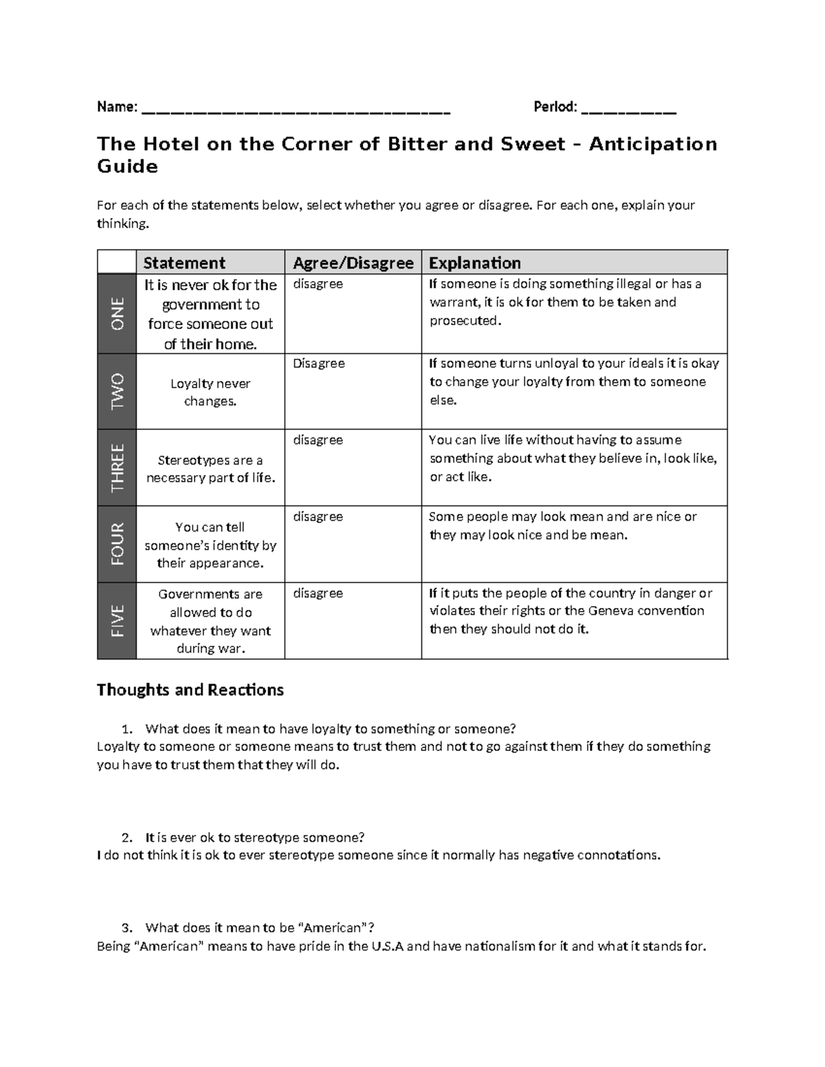 ENG 101: Anticipation Guide for "The Hotel on the Corner of Bitter and ...
