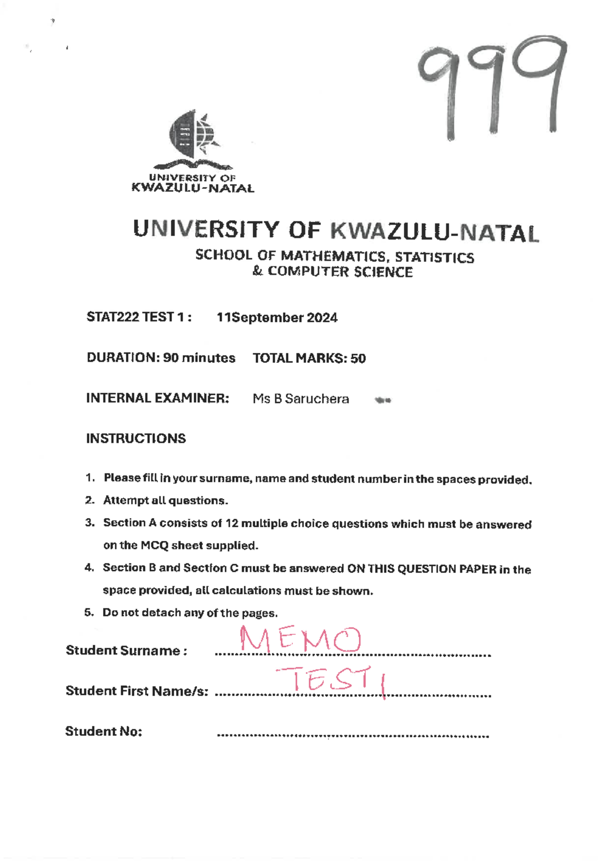 Test 1 Solutions for Mathematics, Statistics & Computer Science (2024 ...