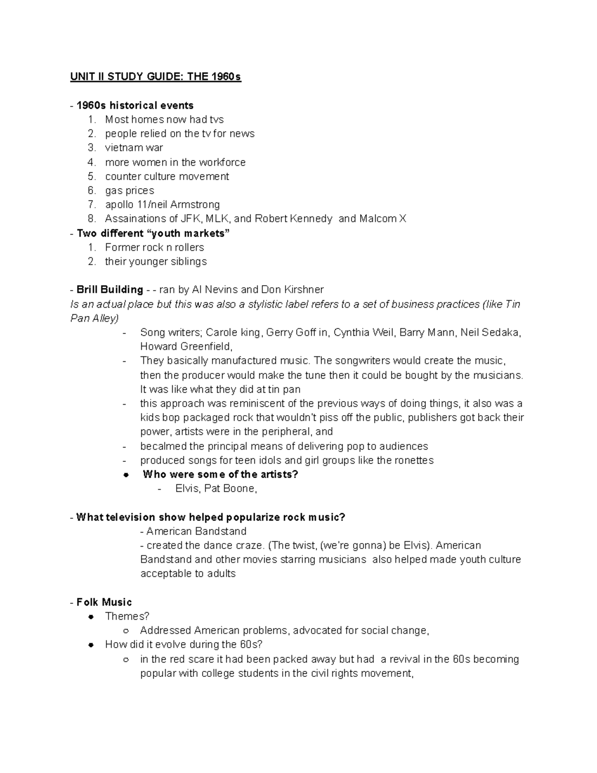 UNIT II STUDY GUIDE: THE 1960s - Key Historical Events & Music ...