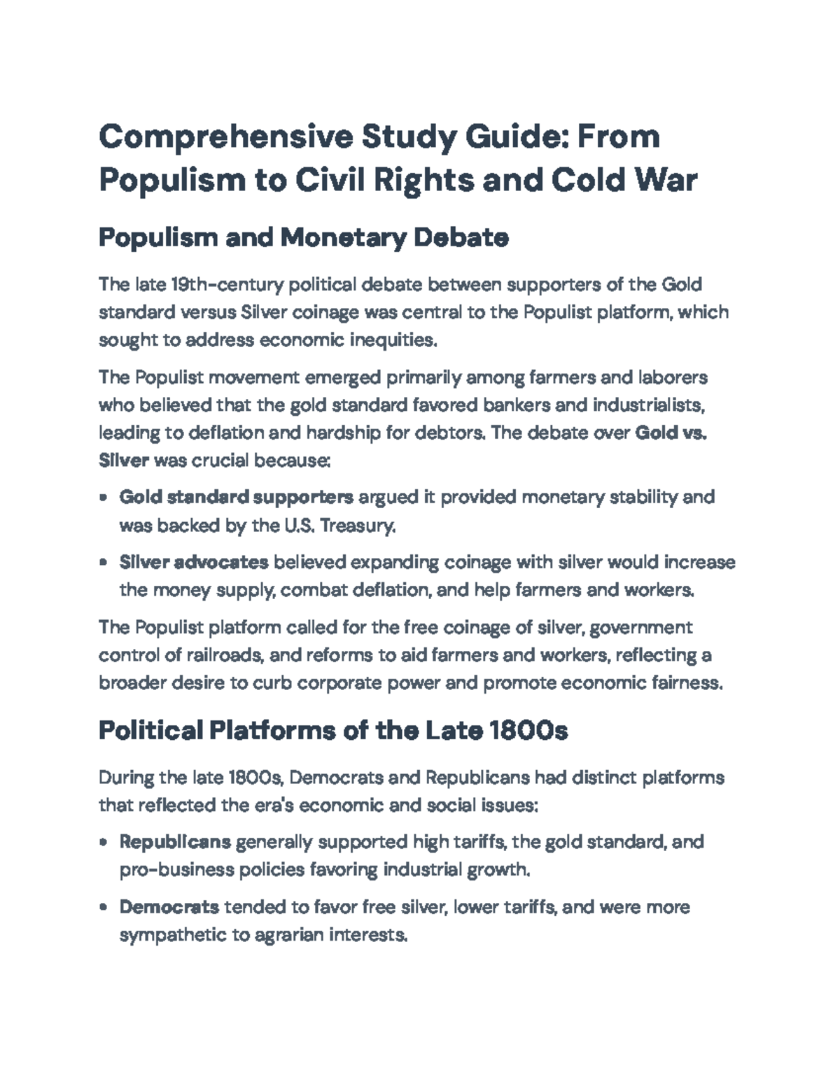 Comprehensive Study Guide: U.S. History from Populism to Cold War - Studocu