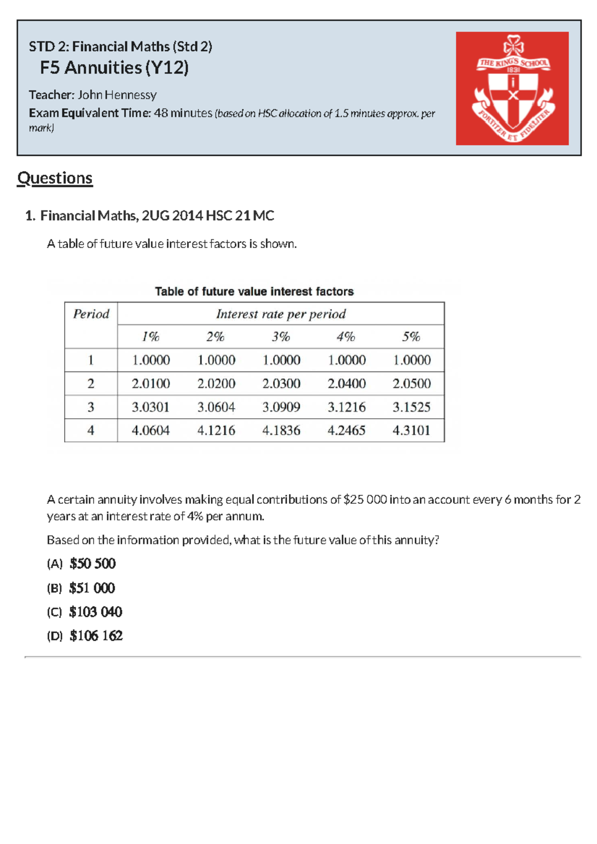 STD 2: Financial Maths (Annuities) Exam Review and Solutions - Studocu