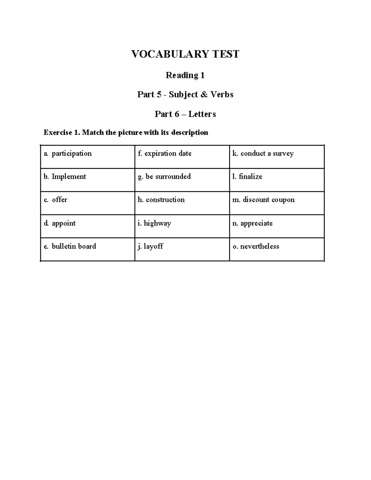 Vocab test 1 - VOCABULARY TEST Reading 1 Part 5 - Subject & Verbs Part ...