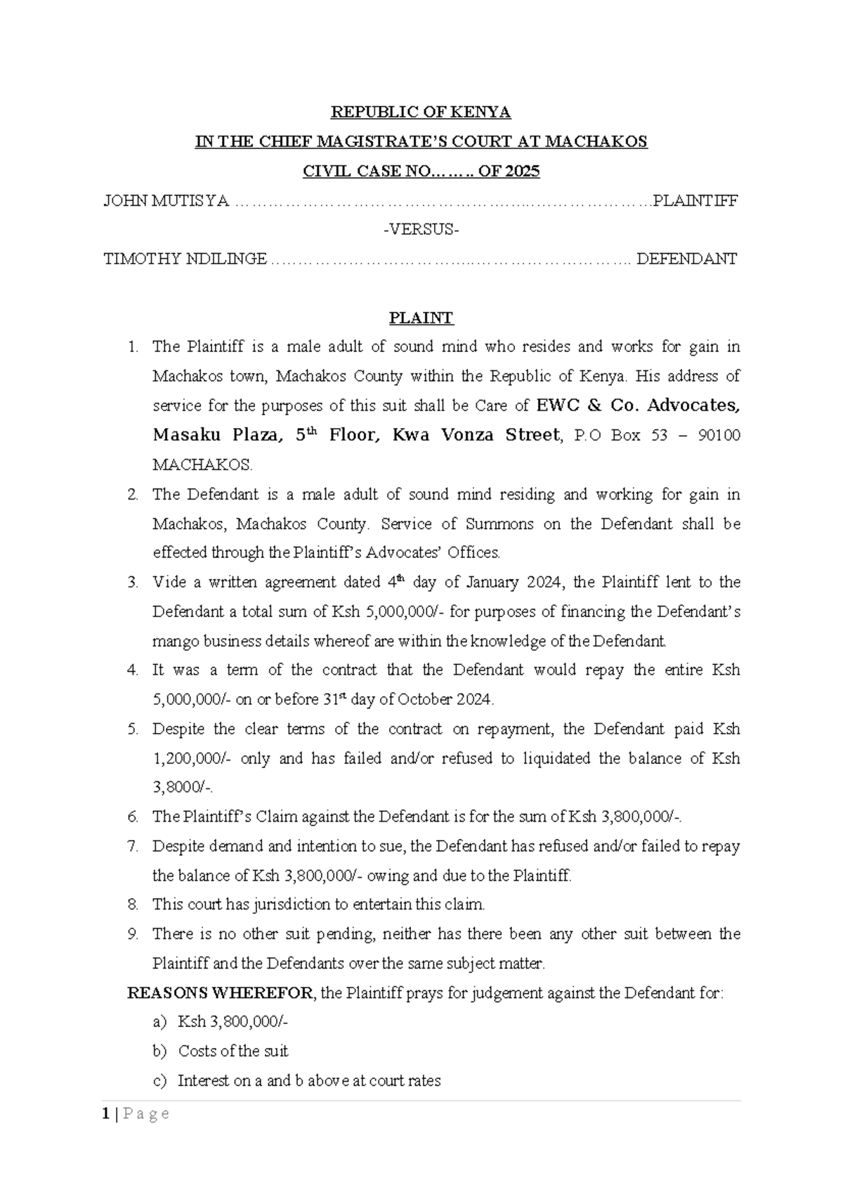 Civil Case 2025: John Mutisya Ndilinge v. Debt Recovery in Machakos ...