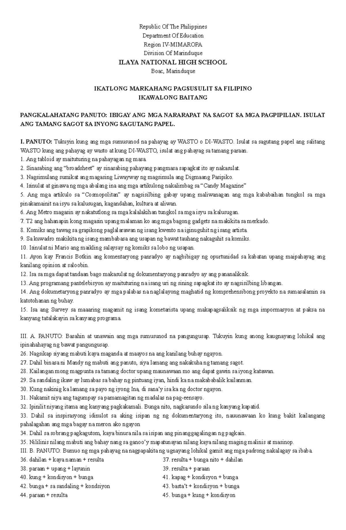 251937185 3rd Periodical Test for Filipino 8 - Answer Key and ...