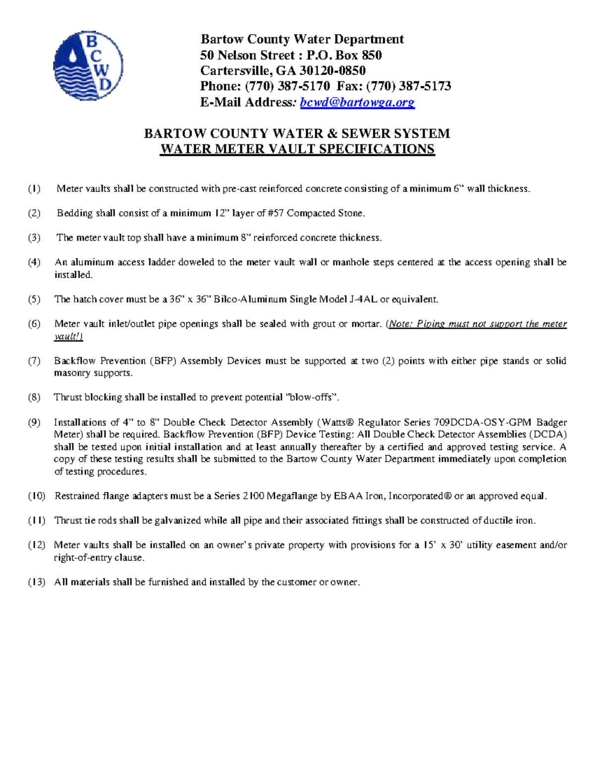 Bartow County Water Department Meter Vault Specifications Guide - Studocu