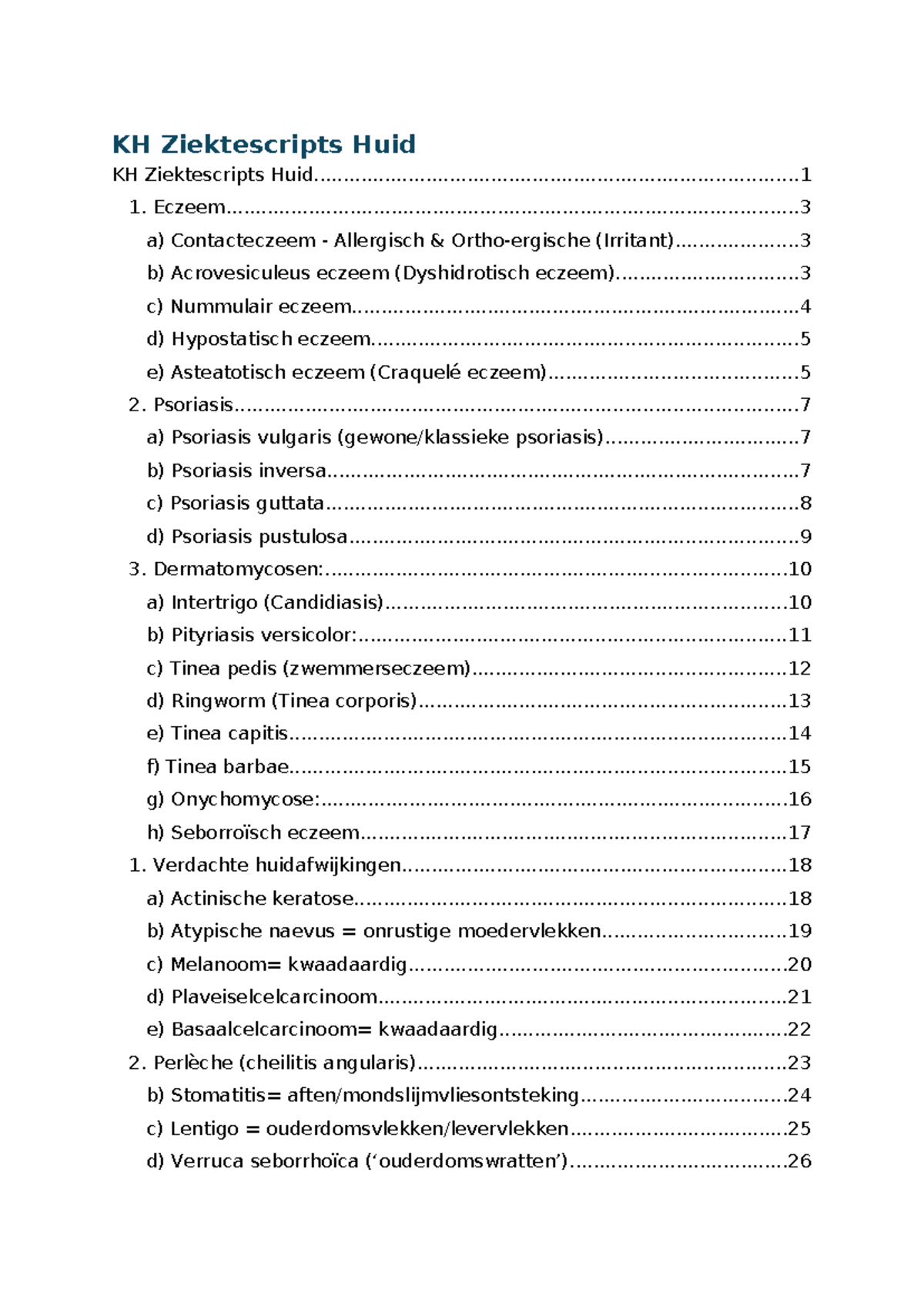 KH Huidziekten Script - Eczeem, Psoriasis en Dermatomycosen Overzicht ...