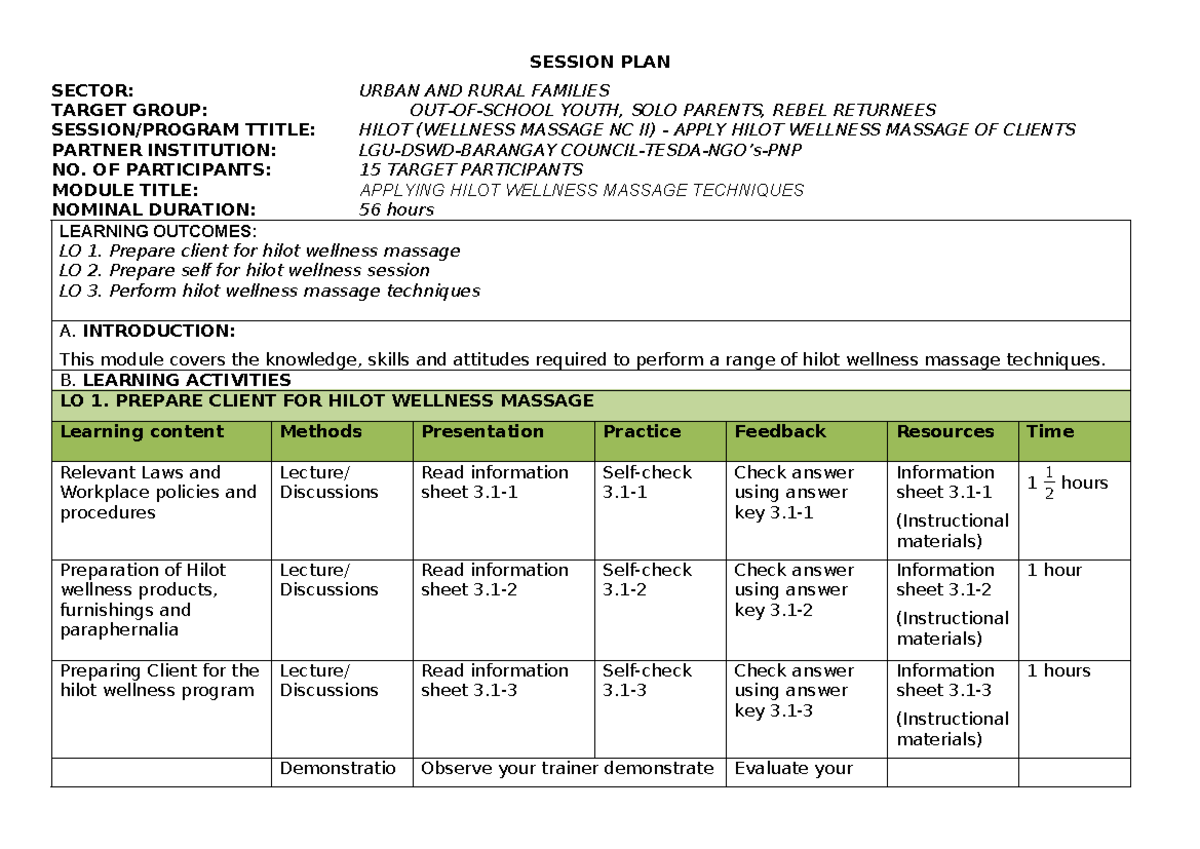 Session Plan for Hilot Wellness Massage NC II: Techniques & Activities - Studocu
