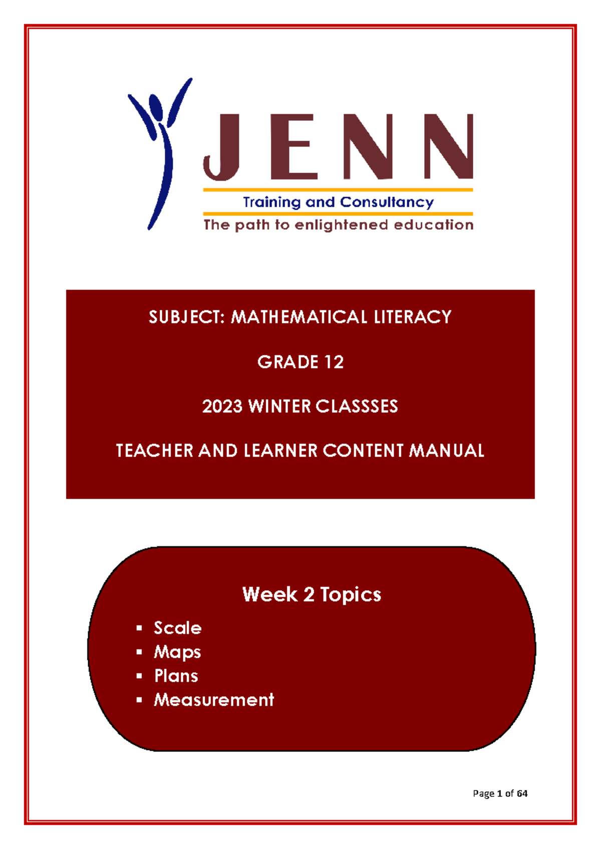 Mathematical Literacy: Scale, Maps & Plans Manual for 2023 Winter ...