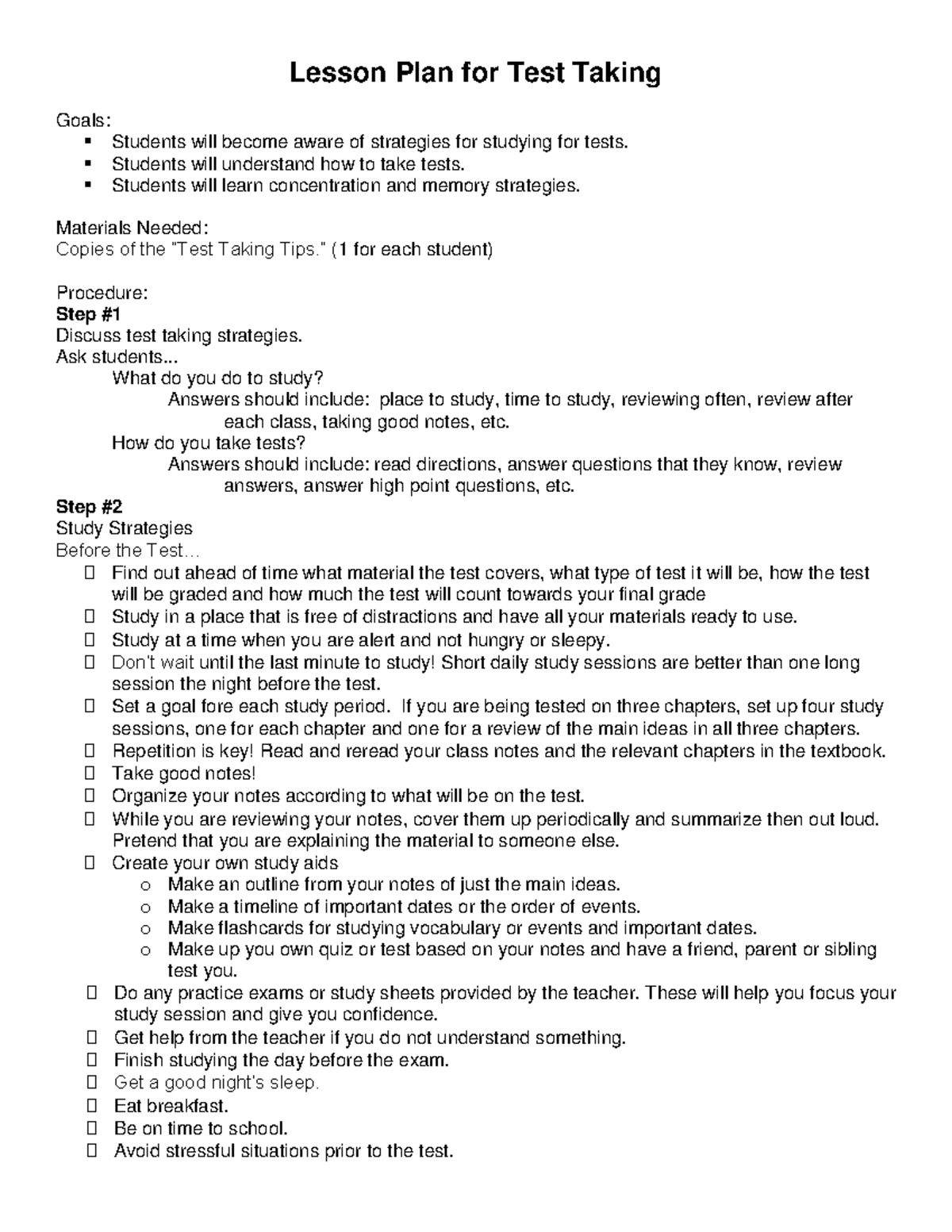 Test Taking Strategies: A Complete Lesson Plan Guide - Studocu