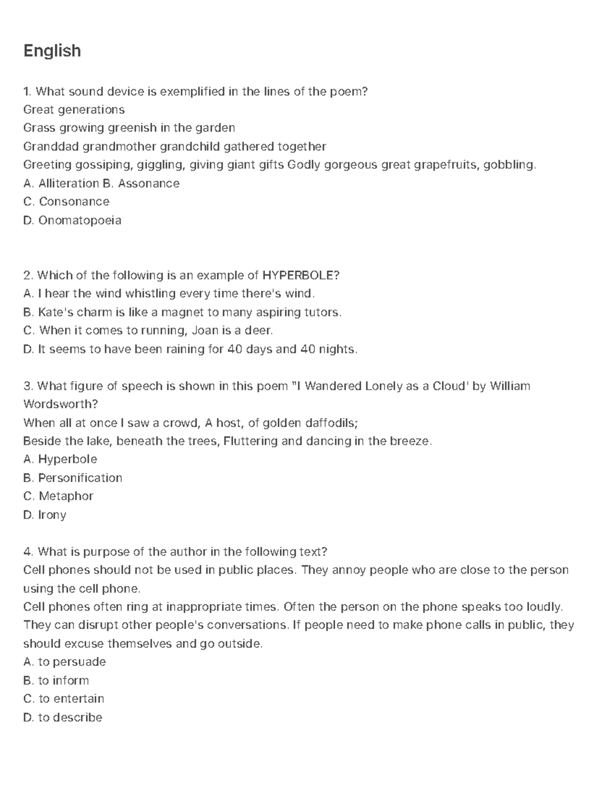 English 1 - Practice on Sound Devices and Figurative Language - Studocu