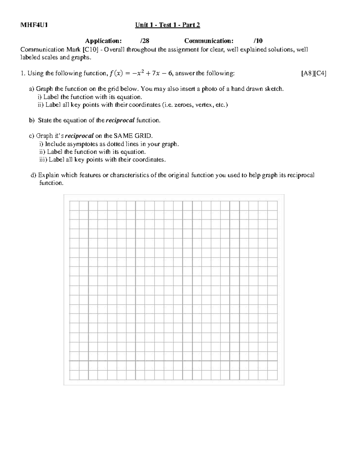 MHF4U1 Unit 1 Test 1 Part 2: Communication & Graphing Functions - Studocu