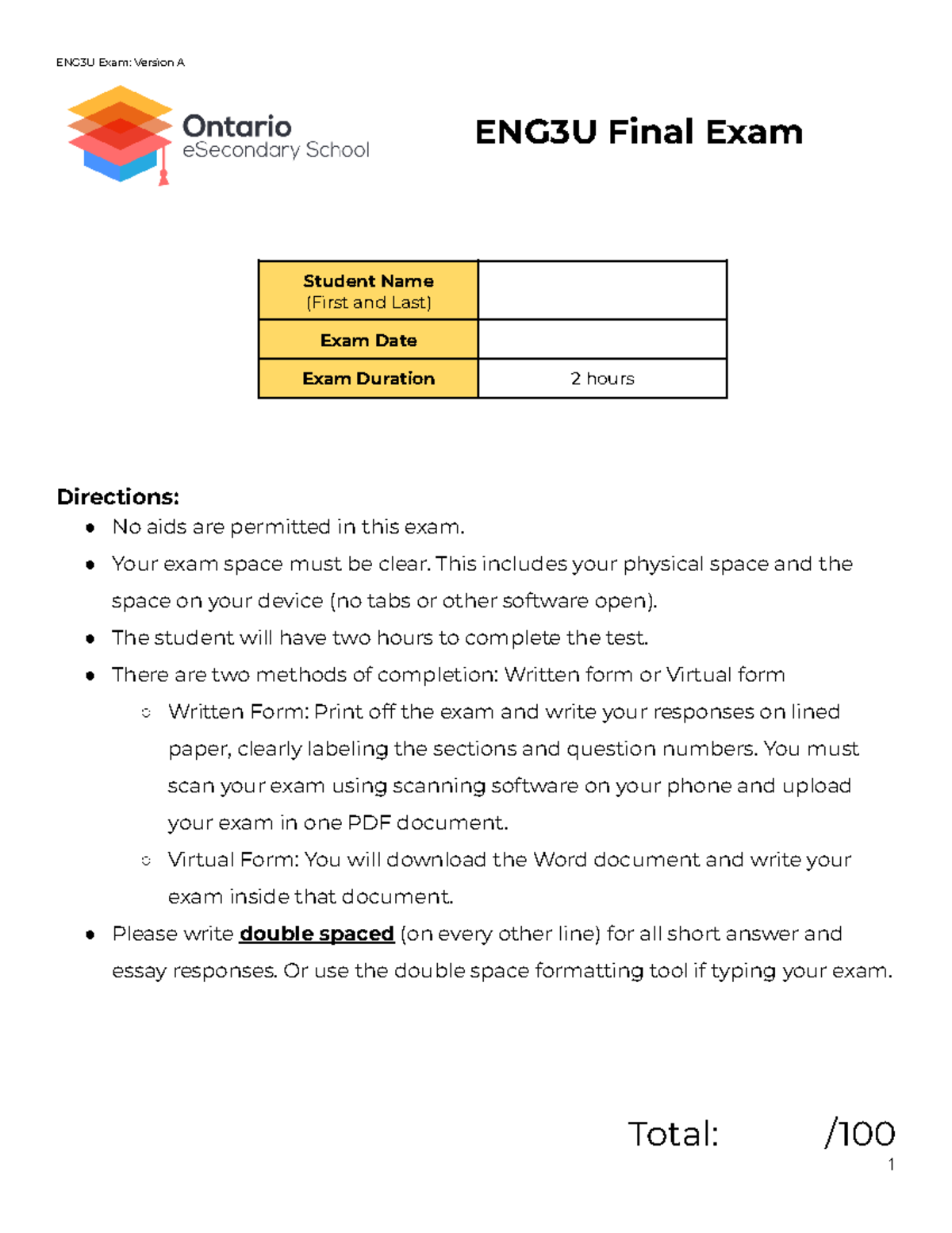 ENG3U Final Exam Instructions & Short Answer Guide - Version A - Studocu
