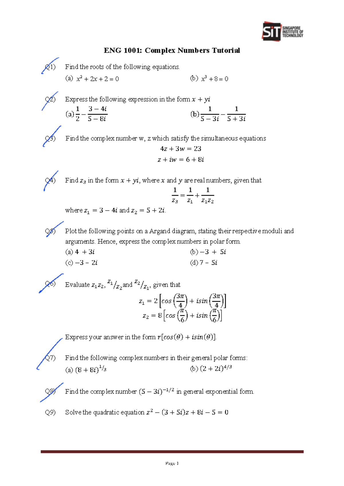 ENG 1001: Complex Numbers Tutorial - Exercises and Solutions - Studocu