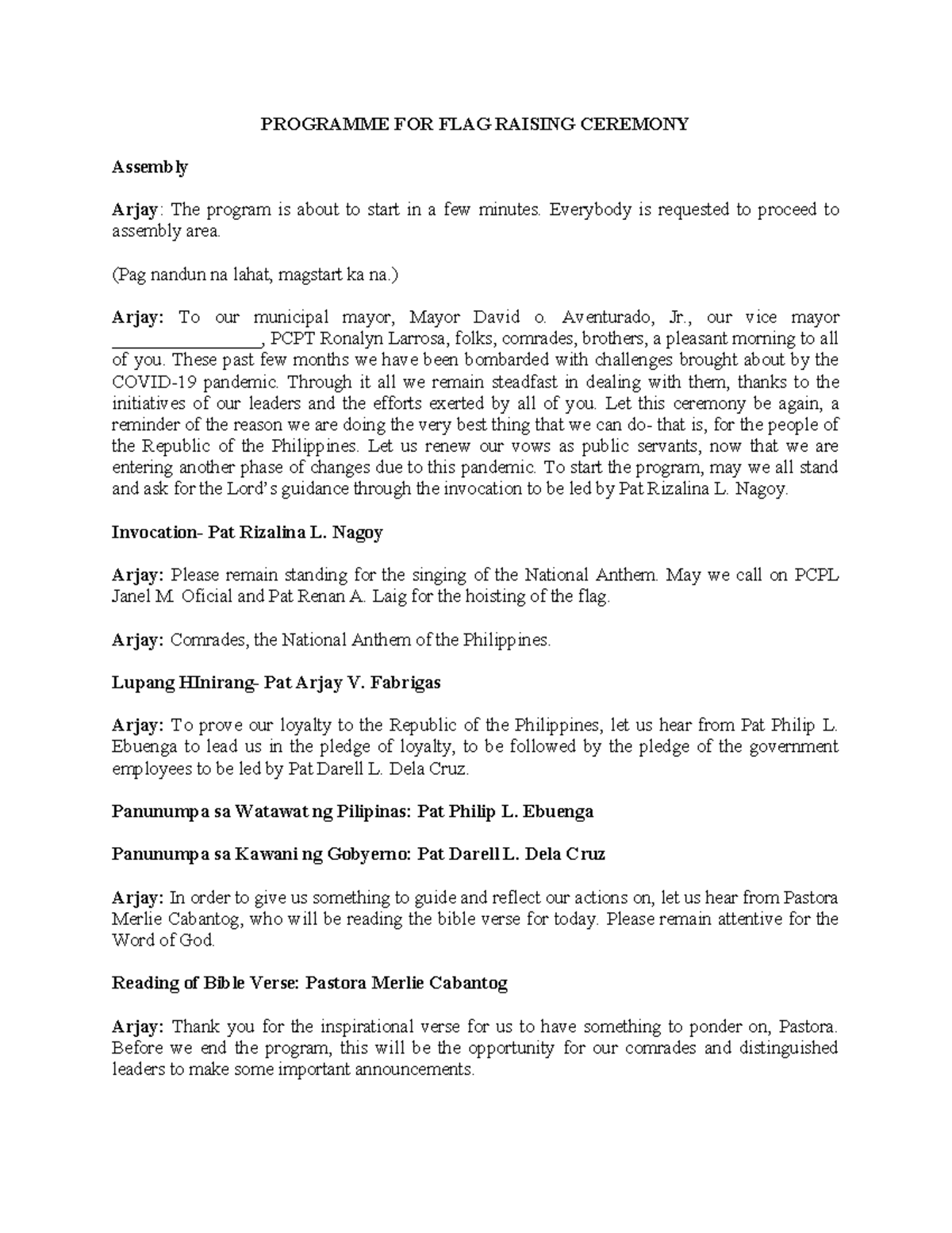 Programme for Flag Raising Ceremony - Important Announcements - Studocu
