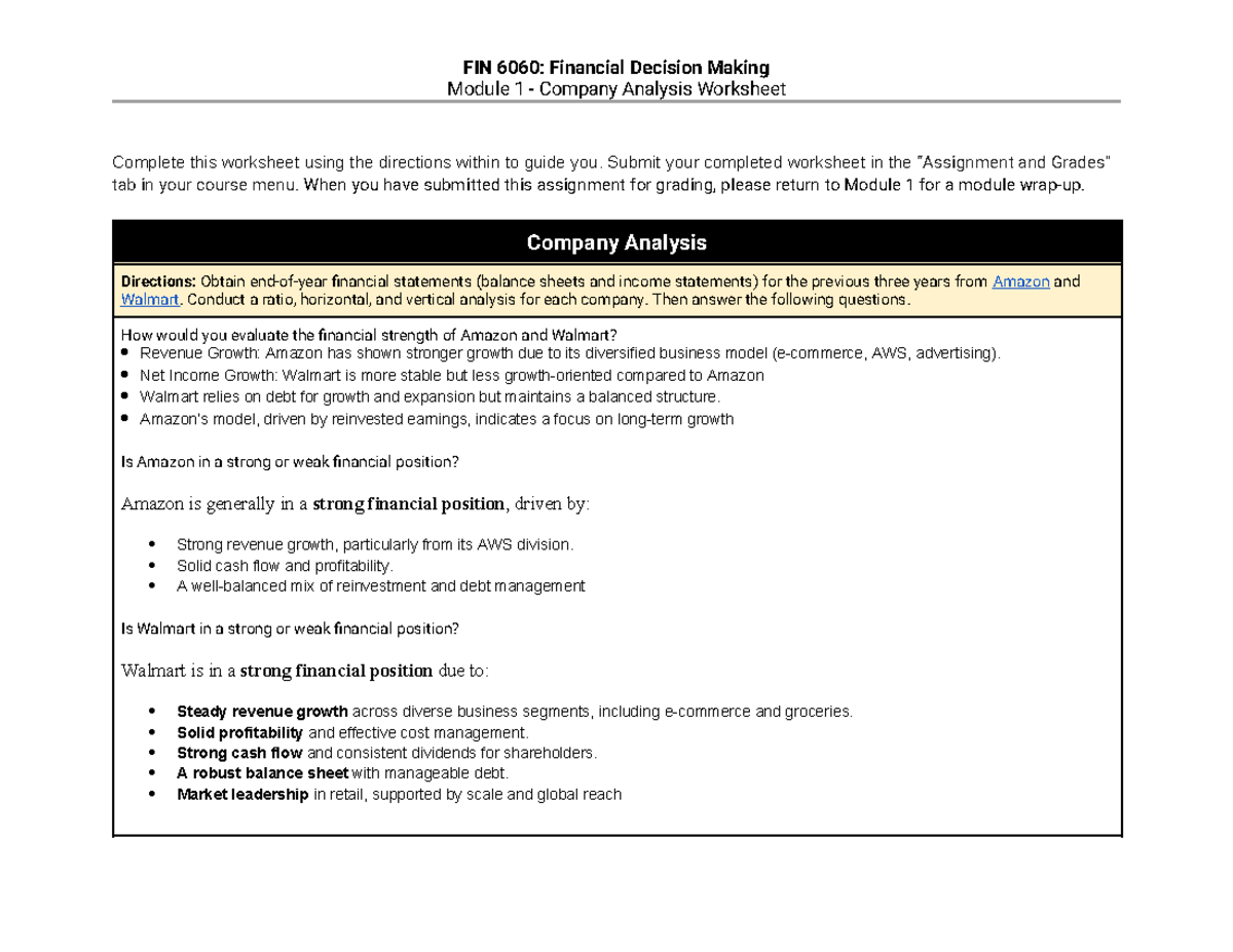 FIN 6060 Module 2 Worksheet - Module 1 - Company Analysis Worksheet ...