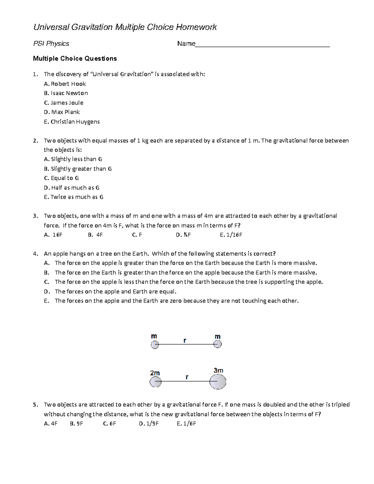 Universal Gravitation MC Questions PSI Physics Homework - Studocu