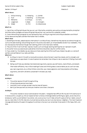 English (Q3) M2 - Name: Christine Isabel Z. Rey Subject: English (Q3 ...