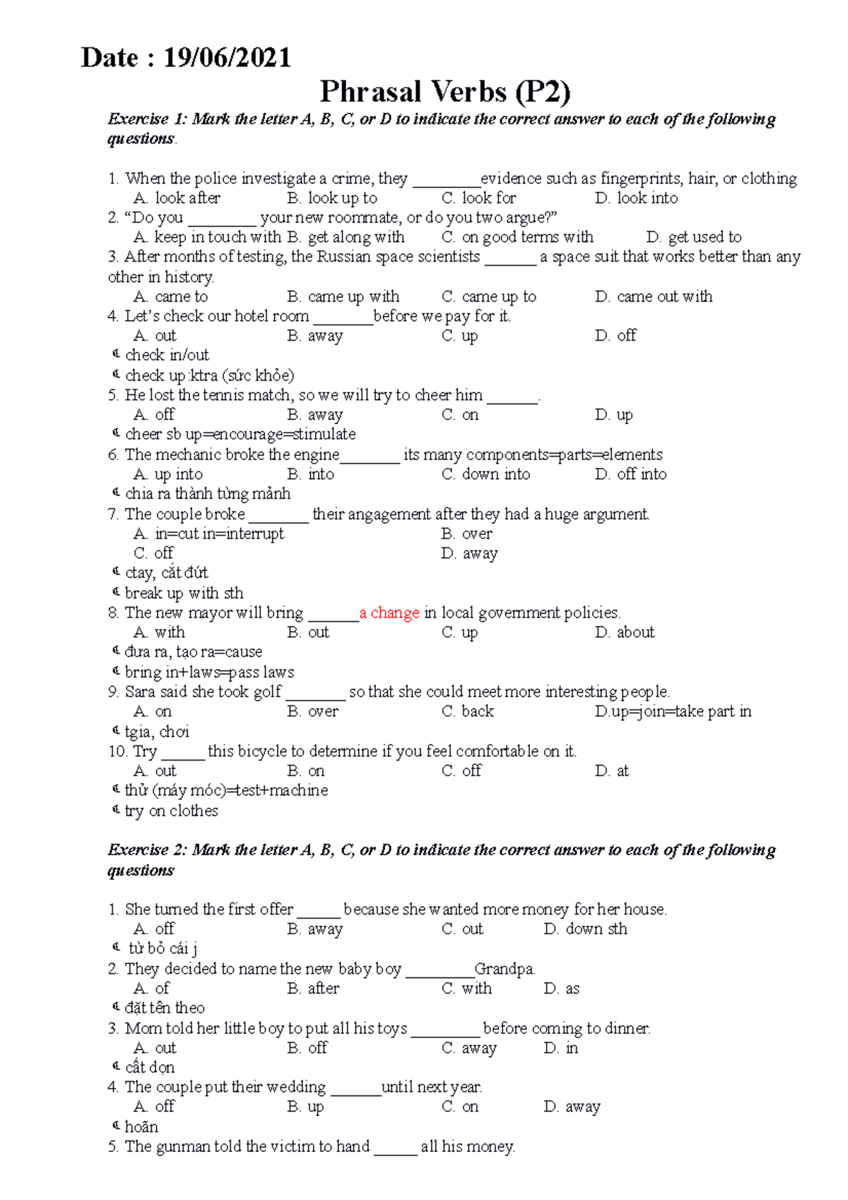 Bai tap trac nghiem ve Phrasal Verb 2 - Date : 19/06/ Phrasal Verbs (P2 ...