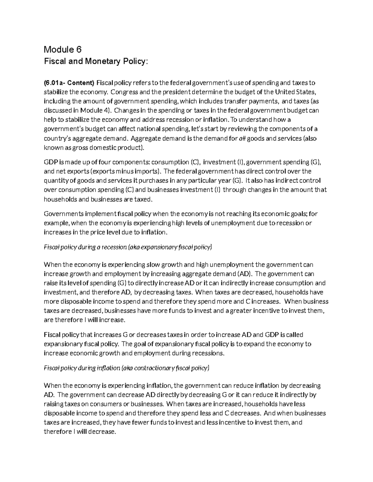 Fiscal and Monetary Policy Overview: Concepts and Applications (6.01-6. ...