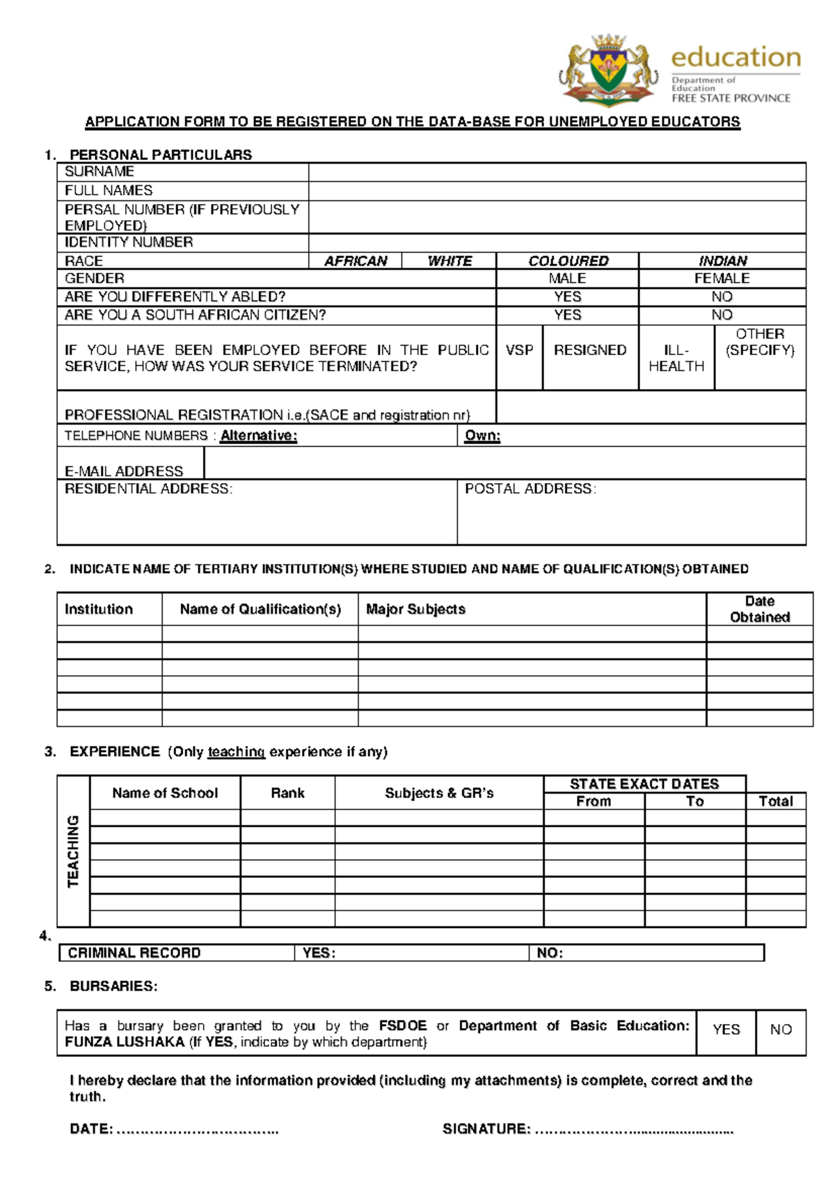 Unemployed-educator-form - APPLICATION FORM TO BE REGISTERED ON THE ...