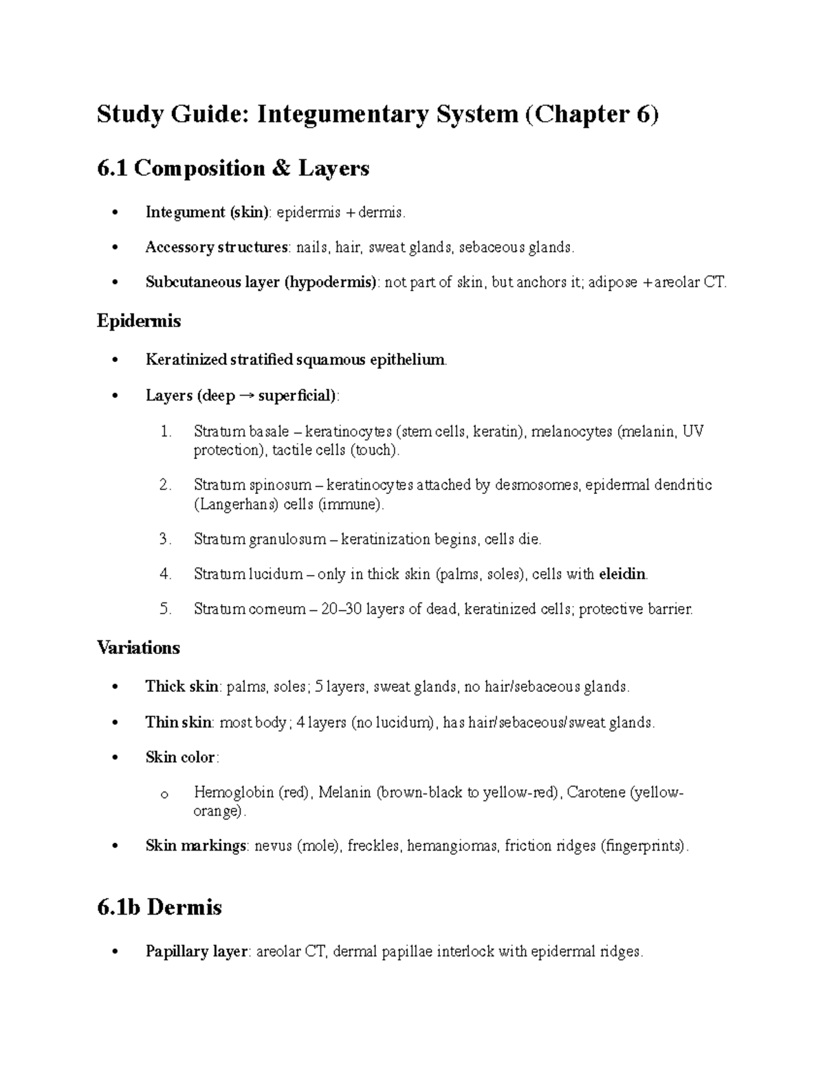 Integumentary System Study Guide (BIOL 101): Composition, Functions & Disorders - Studocu