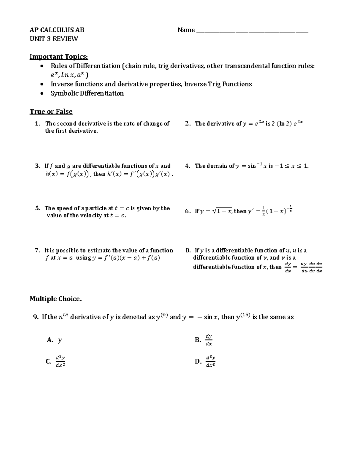 Calc 3 - Unit 3 Review & Differentiation Practice Guide - Studocu