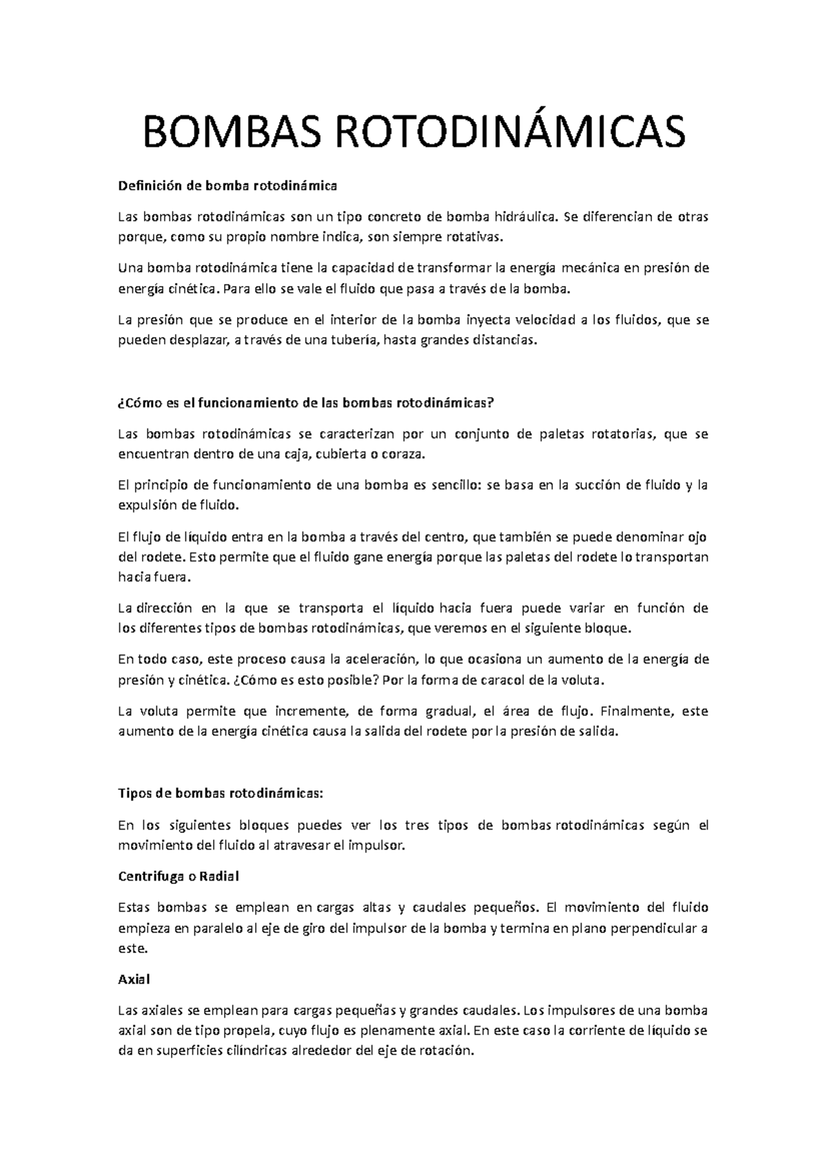 Estudio sobre Bombas Rotodinámicas: Tipos y Funcionamiento - Studocu