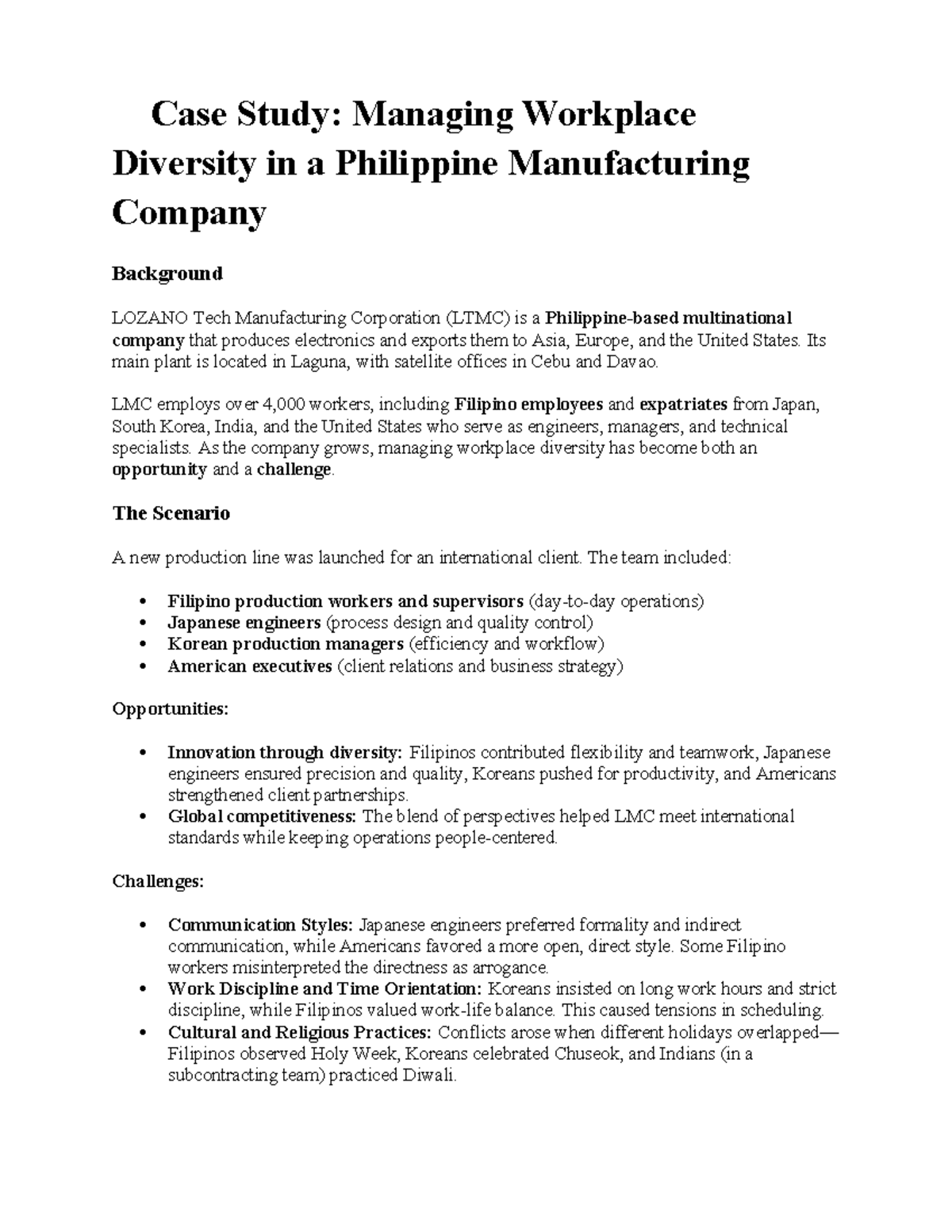 Case Study: Managing Workplace Diversity at LTMC in the Philippines ...
