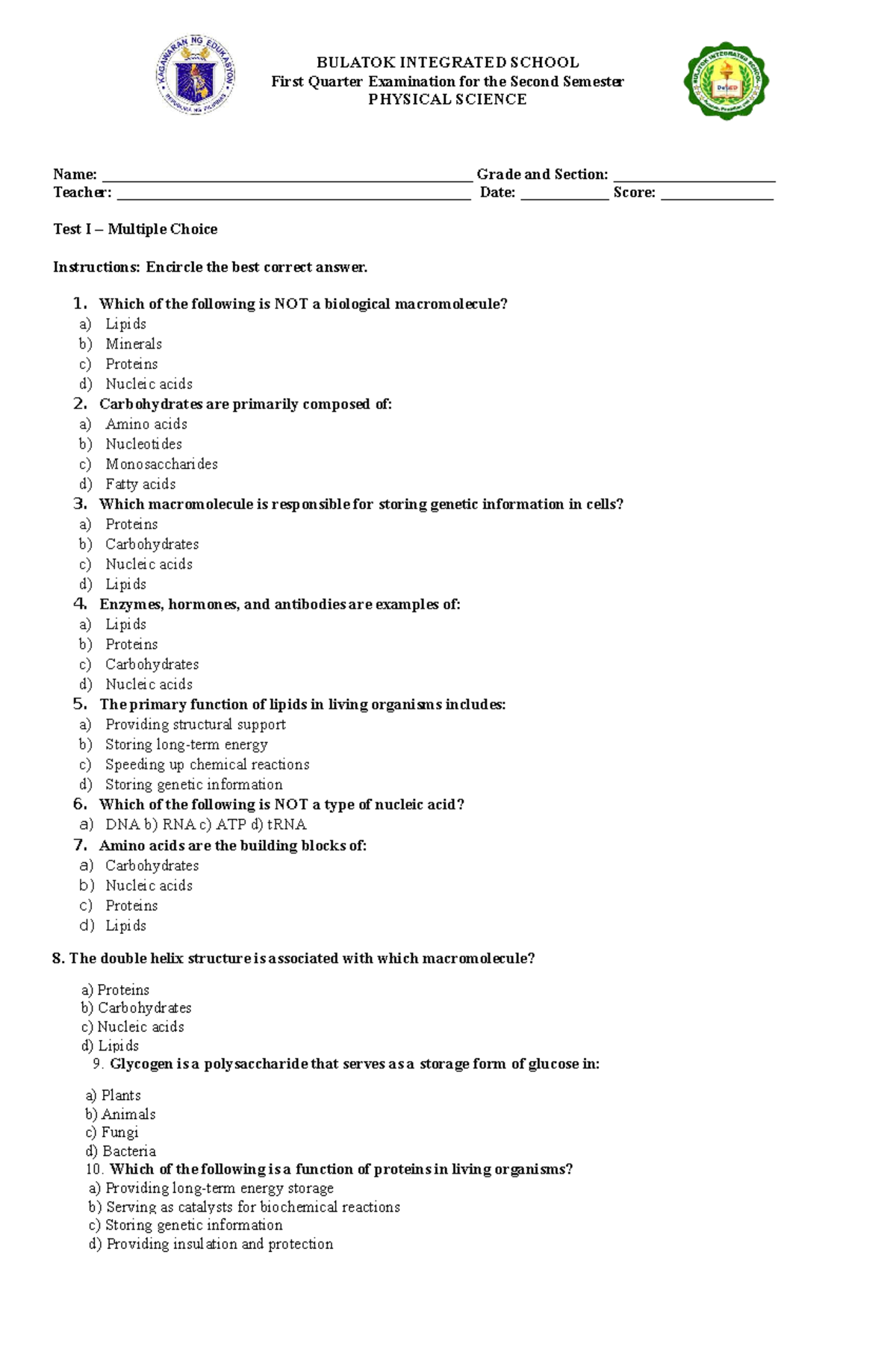 PHYSICAL SCIENCE Q1 Exam for 2nd Sem - BULATOK INTEGRATED SCHOOL - Studocu