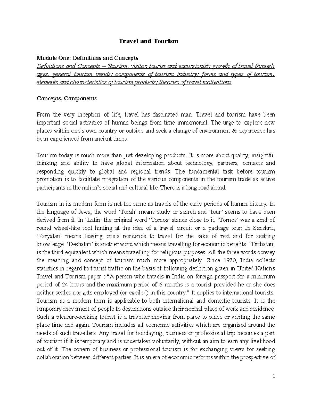 TTM Lecture Notes: Module 1 - Overview of Travel and Tourism Concepts ...